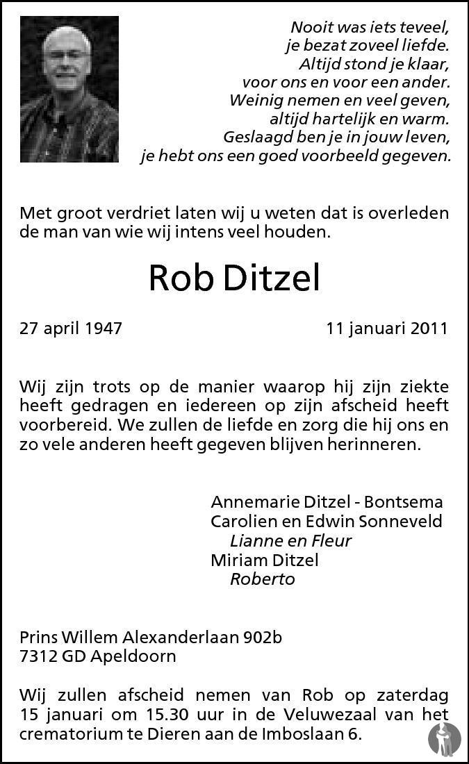 Rob Ditzel 11-01-2011 overlijdensbericht en condoleances - Mensenlinq.nl