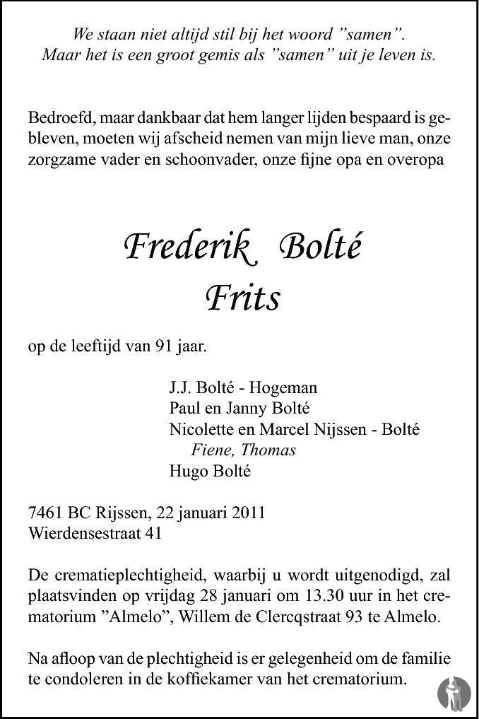 Frederik (Frits) Bolté 22-01-2011 overlijdensbericht en condoleances ...