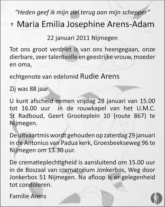 Maria Emilia Josephine Arens - Adam 22-01-2011 overlijdensbericht en ...