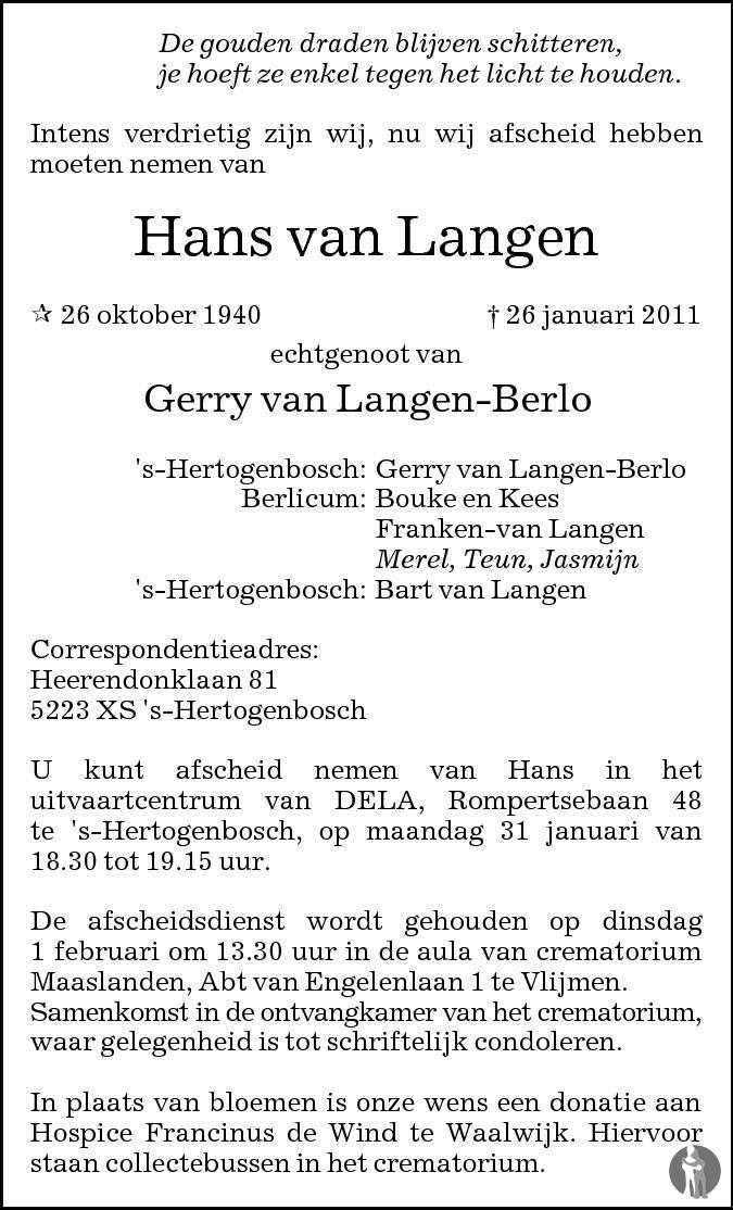 Hans van Langen 26-01-2011 overlijdensbericht en condoleances ...