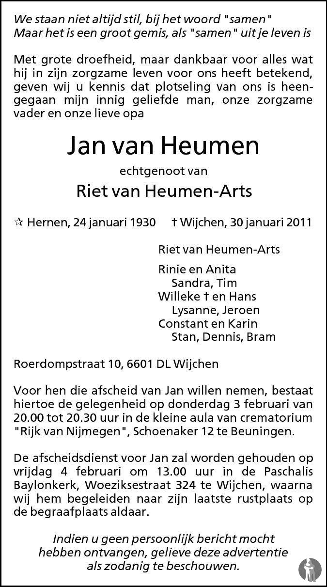 Jan van Heumen 30-01-2011 overlijdensbericht en condoleances ...
