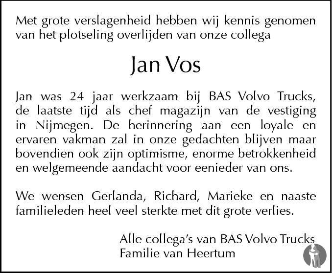 Jan Vos 31-01-2011 overlijdensbericht en condoleances - Mensenlinq.nl
