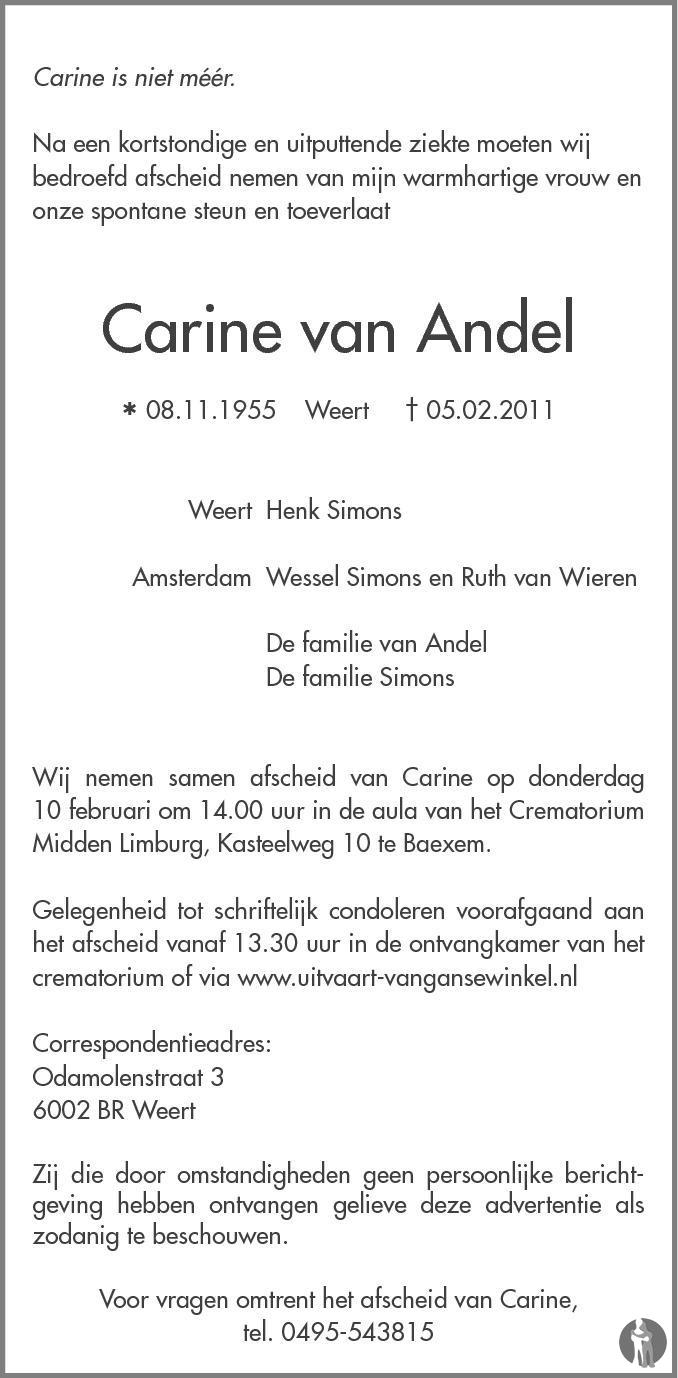 Carine van Andel 05-02-2011 overlijdensbericht en condoleances ...