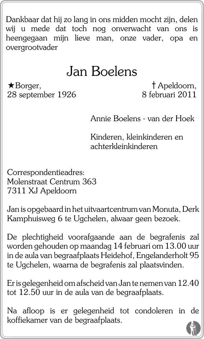 Jan Boelens 08-02-2011 overlijdensbericht en condoleances - Mensenlinq.nl