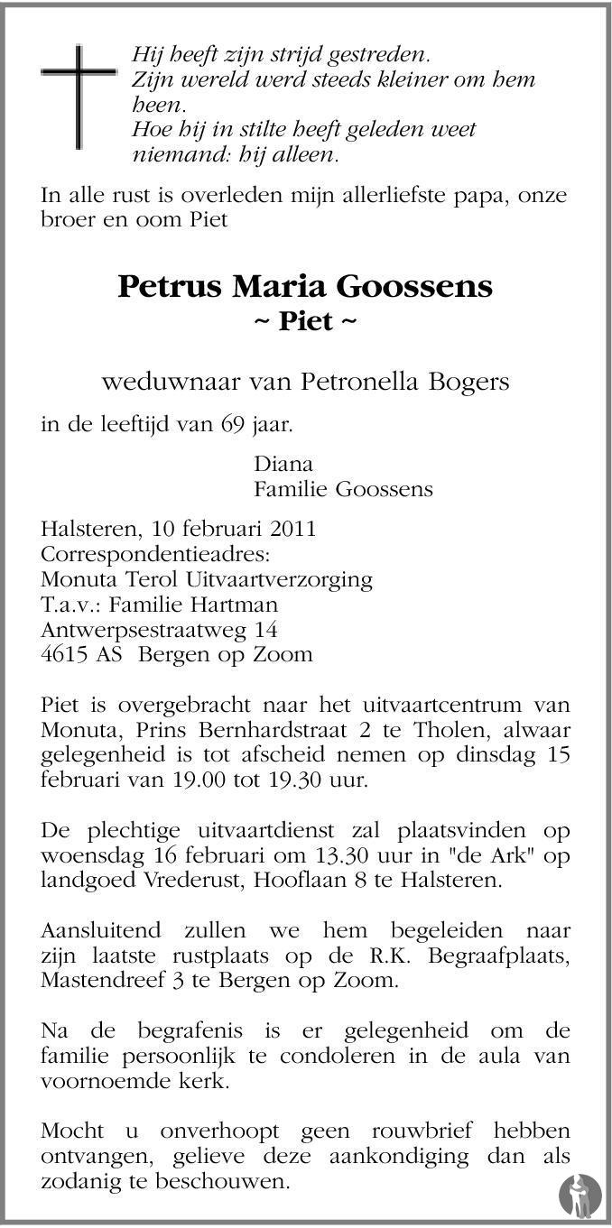 Petrus Maria (Piet) Goossens 10-02-2011 overlijdensbericht en ...