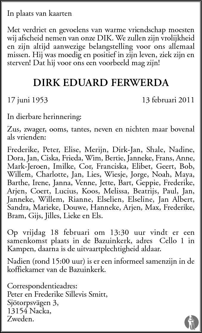 Dirk Eduard Ferwerda 13-02-2011 overlijdensbericht en condoleances ...
