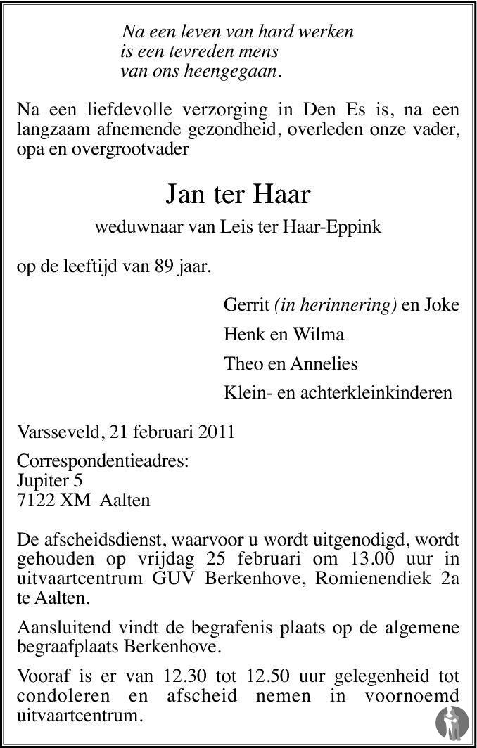 Jan ter Haar 21-02-2011 overlijdensbericht en condoleances - Mensenlinq.nl