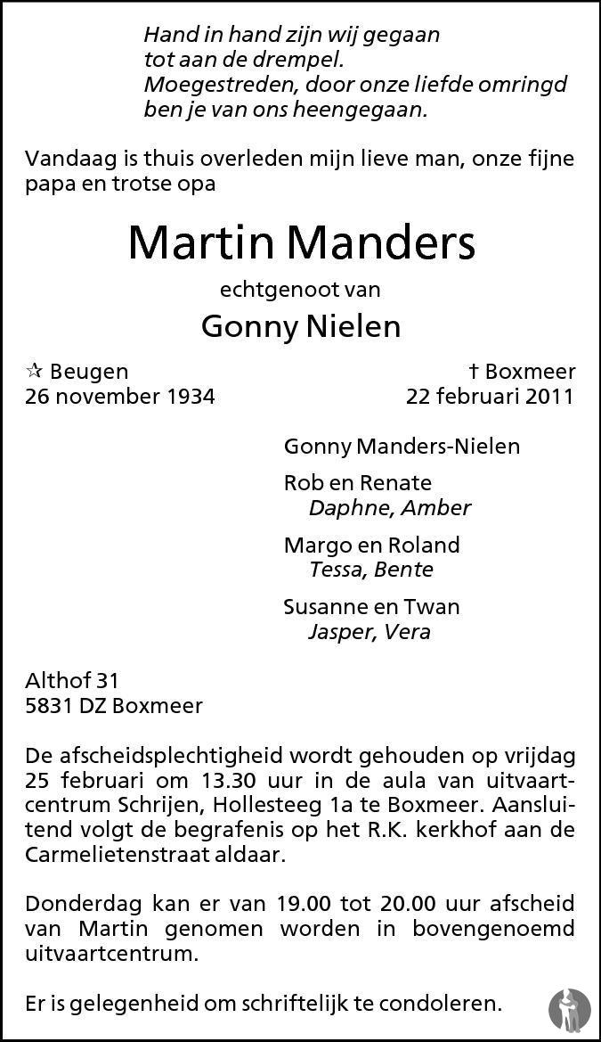 Martin Manders 22-02-2011 overlijdensbericht en condoleances ...