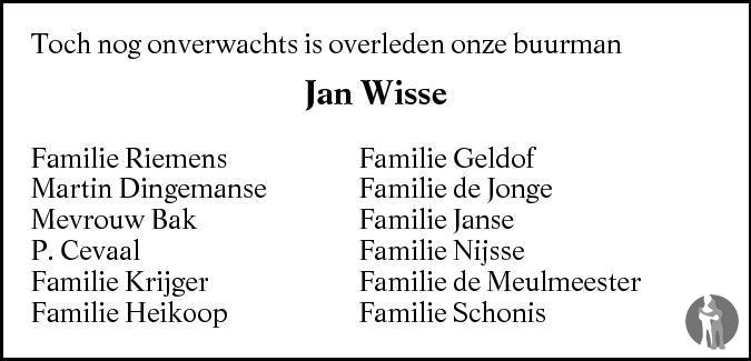 Jan Wisse 23-02-2011 overlijdensbericht en condoleances - Mensenlinq.nl