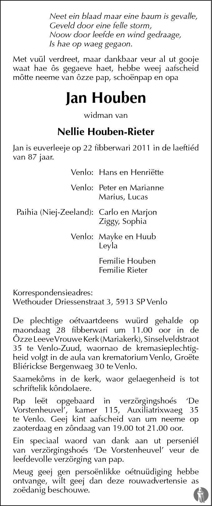 Jan Houben 22-02-2011 overlijdensbericht en condoleances - Mensenlinq.nl