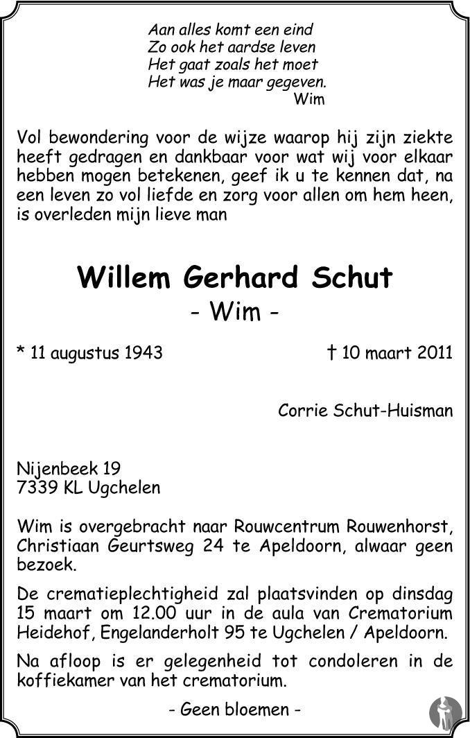 Willem Gerhard (Wim) Schut 10-03-2011 overlijdensbericht en ...