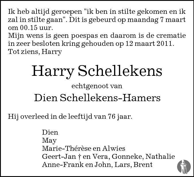 Harry Schellekens 07-03-2011 overlijdensbericht en condoleances ...