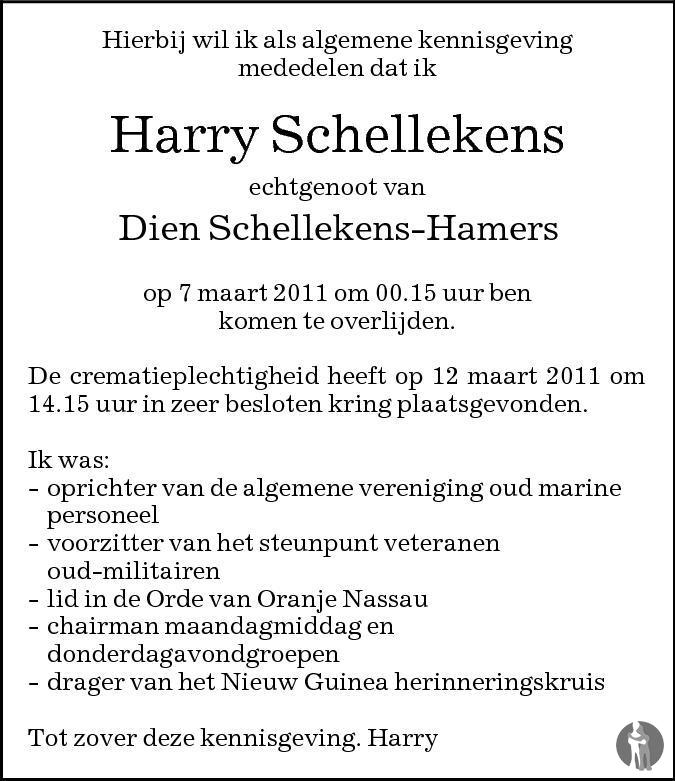 Harry Schellekens 07-03-2011 overlijdensbericht en condoleances ...
