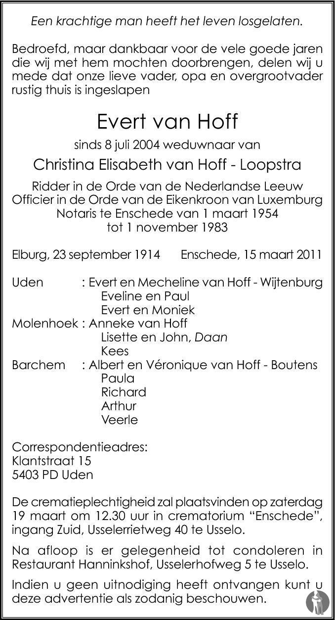 Evert van Hoff 15-03-2011 overlijdensbericht en condoleances ...