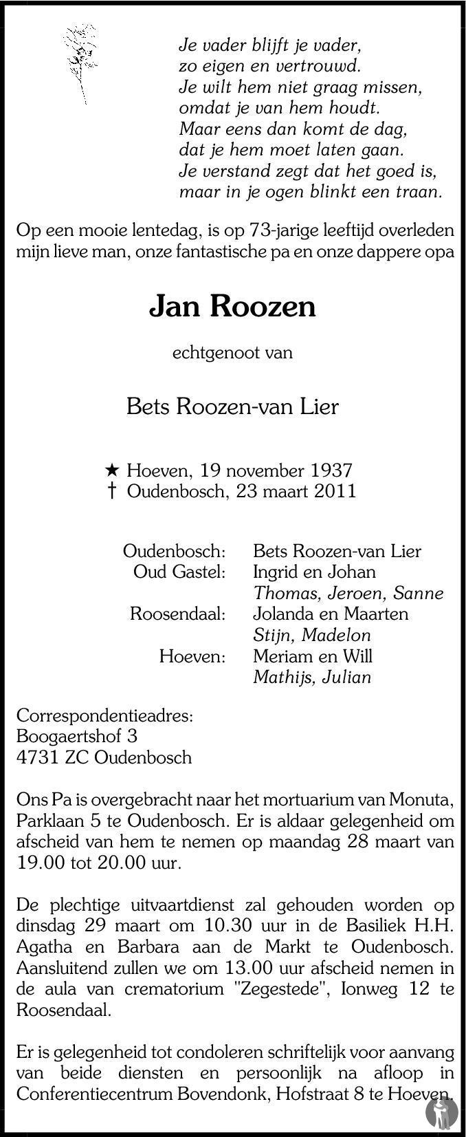 Jan Roozen 23-03-2011 overlijdensbericht en condoleances - Mensenlinq.nl