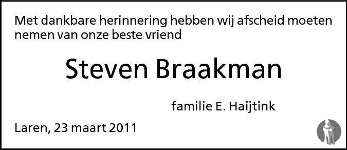 Steven Braakman 23-03-2011 overlijdensbericht en condoleances ...