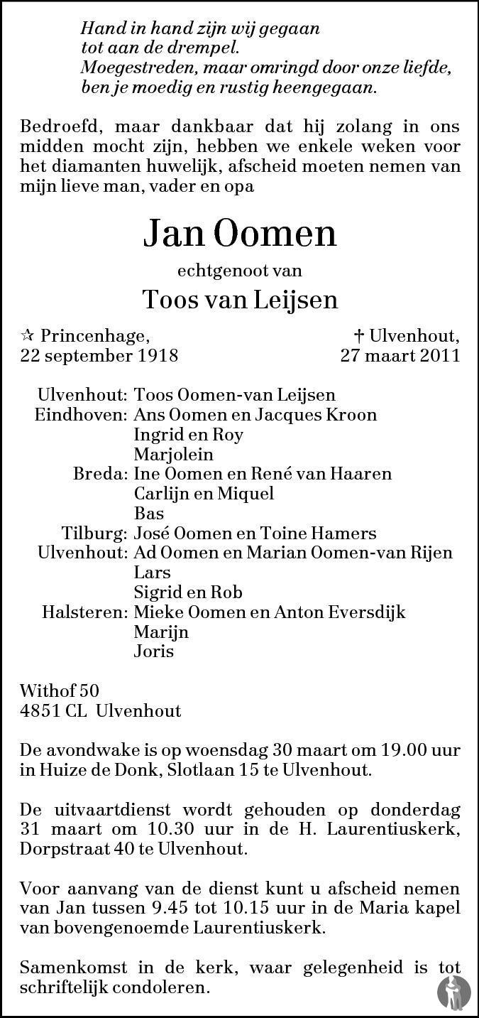 Jan Oomen 27-03-2011 overlijdensbericht en condoleances - Mensenlinq.nl