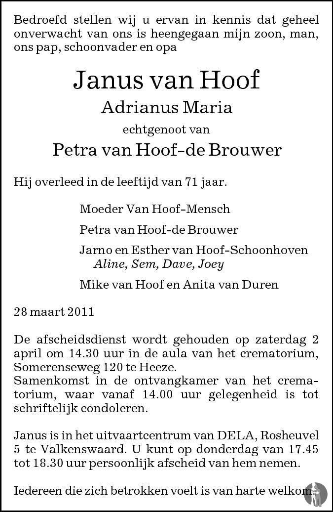 Adrianus Maria (Janus) van Hoof 28-03-2011 overlijdensbericht en ...