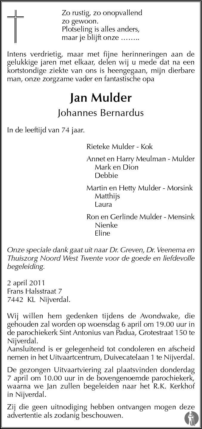 Johannes Bernardus (Jan) Mulder 02-04-2011 overlijdensbericht en condoleances - Mensenlinq.nl