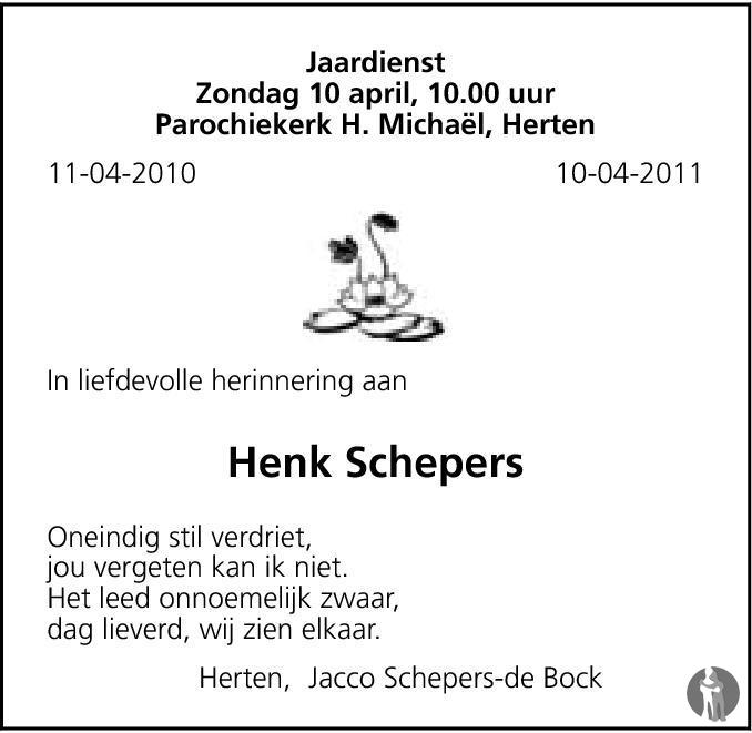 Henk Schepers 10-04-2010 overlijdensbericht en condoleances - Mensenlinq.nl