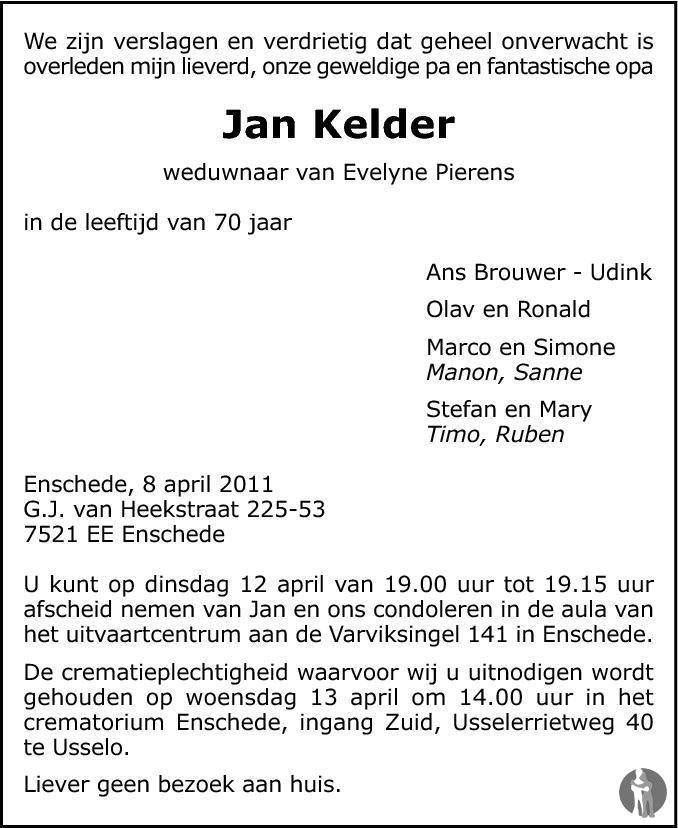 Jan Kelder 08-04-2011 overlijdensbericht en condoleances - Mensenlinq.nl