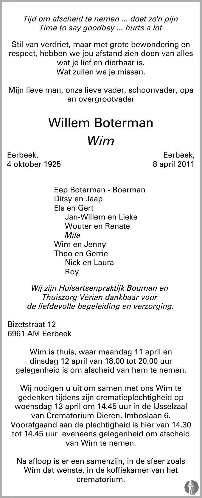 Willem (Wim) Boterman 08-04-2011 overlijdensbericht en condoleances ...
