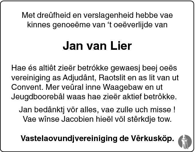 Jan van Lier 23-04-2011 overlijdensbericht en condoleances - Mensenlinq.nl