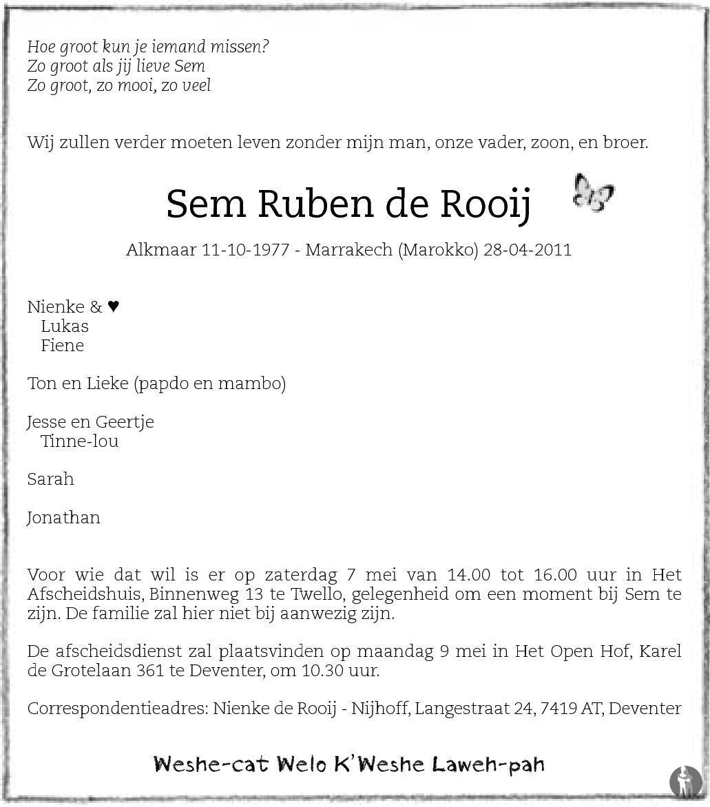 Sem Ruben de Rooij 28-04-2011 overlijdensbericht en condoleances ...