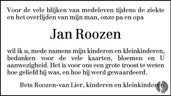 Jan Roozen 23-03-2011 overlijdensbericht en condoleances - Mensenlinq.nl
