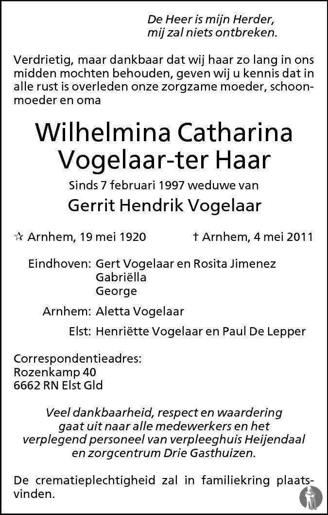 Wilhelmina Catharina Vogelaar - ter Haar 04-05-2011 overlijdensbericht ...