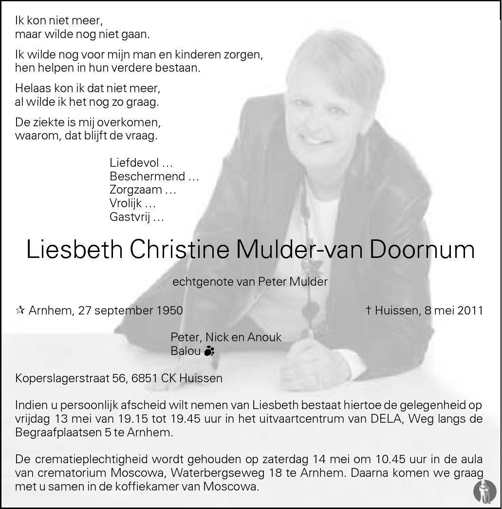 Liesbeth Christine Mulder - van Doornum 08-05-2011 overlijdensbericht ...