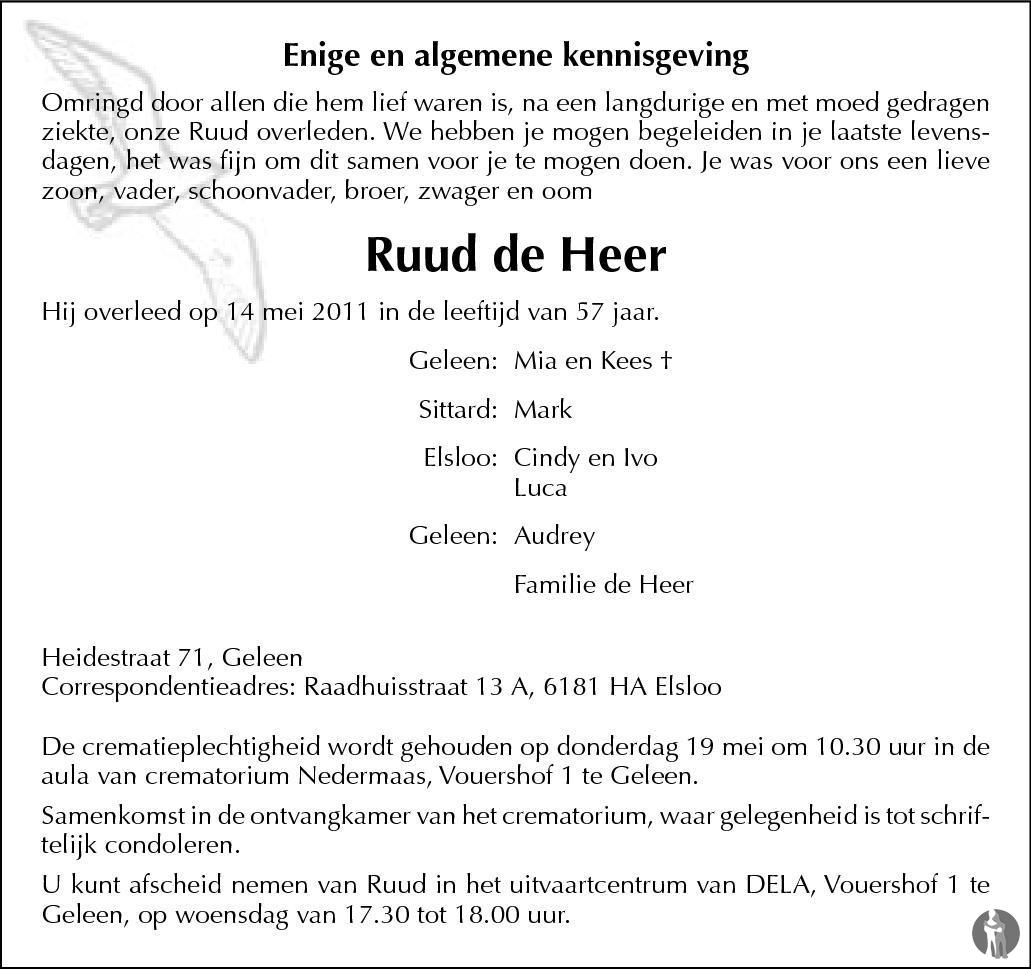 Ruud de Heer 14-05-2011 overlijdensbericht en condoleances - Mensenlinq.nl