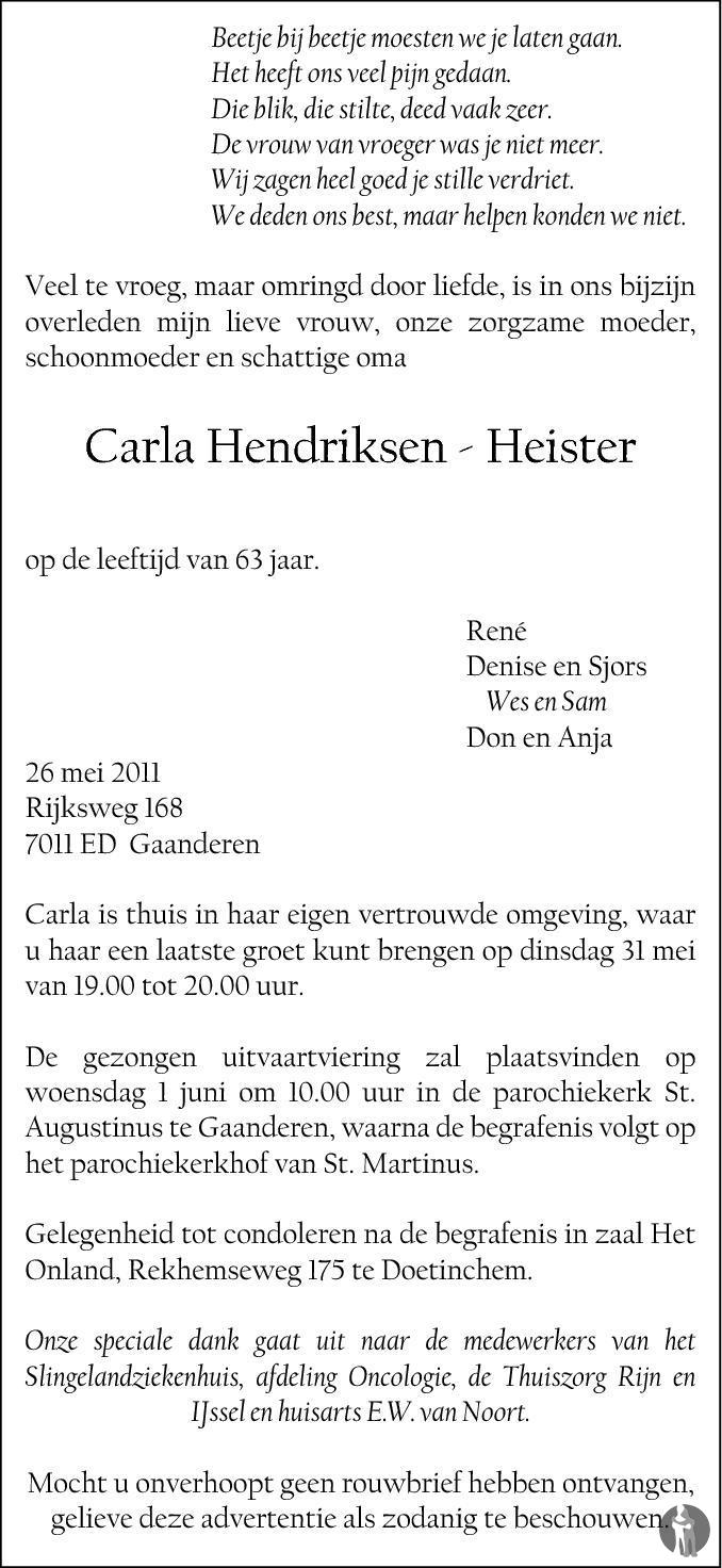 Carla Hendriksen - Heister 26-05-2011 overlijdensbericht en ...