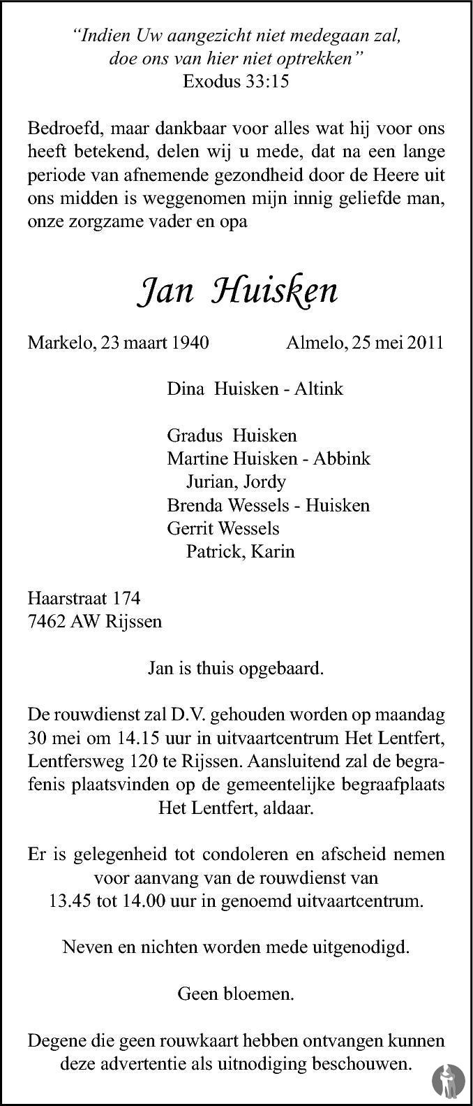Jan Huisken 25-05-2011 overlijdensbericht en condoleances - Mensenlinq.nl