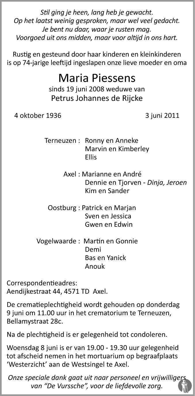 Maria de Rijcke - Piessens 03-06-2011 overlijdensbericht en ...