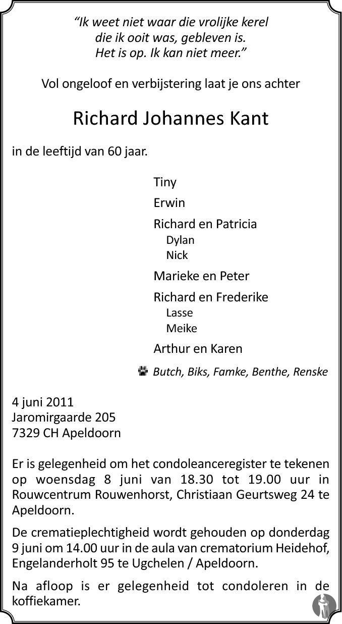 Richard Johannes Kant 04-06-2011 overlijdensbericht en condoleances ...