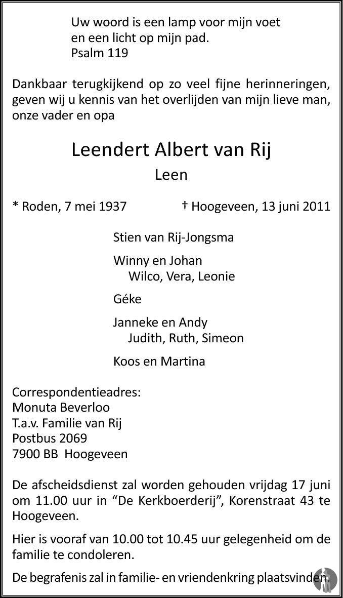 Leendert Albert (Leen) van Rij 13-06-2011 overlijdensbericht en ...