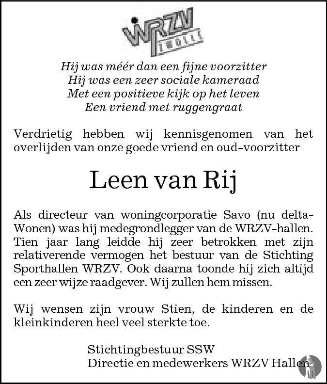 Leendert Albert (Leen) van Rij 13-06-2011 overlijdensbericht en ...