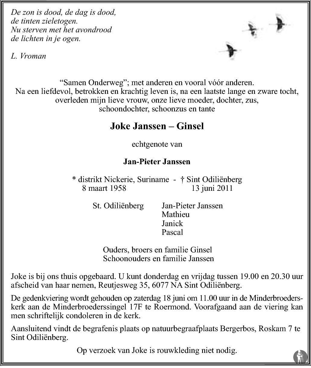 Joke Janssen - Ginsel 13-06-2011 overlijdensbericht en condoleances ...