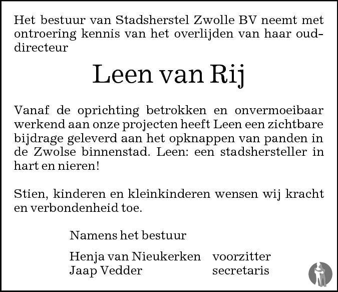Leendert Albert (Leen) van Rij 13-06-2011 overlijdensbericht en ...