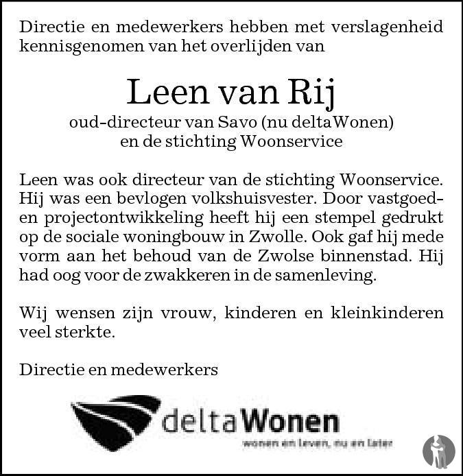 Leendert Albert (Leen) van Rij 13-06-2011 overlijdensbericht en ...