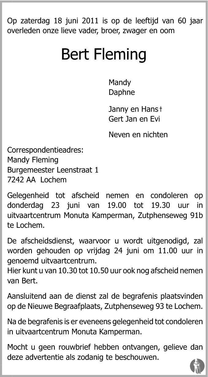 Bert Fleming 18-06-2011 overlijdensbericht en condoleances - Mensenlinq.nl