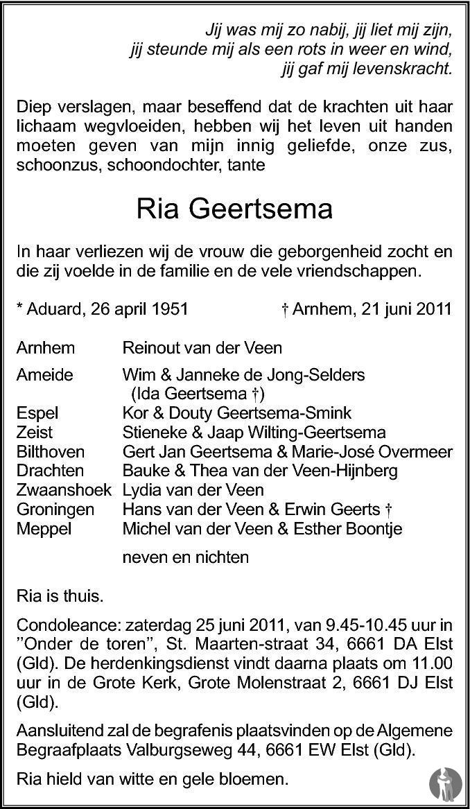 Ria Geertsema 21-06-2011 overlijdensbericht en condoleances - Mensenlinq.nl