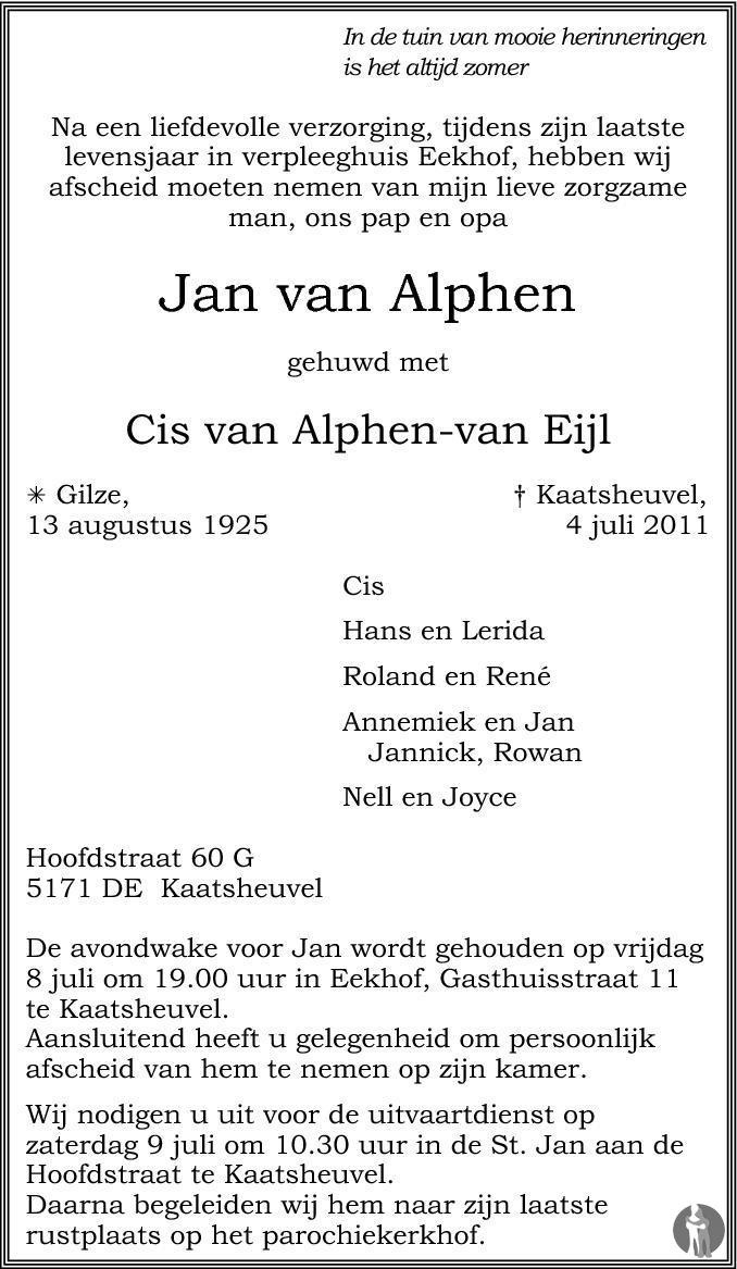 Jan van Alphen 04-07-2011 overlijdensbericht en condoleances ...