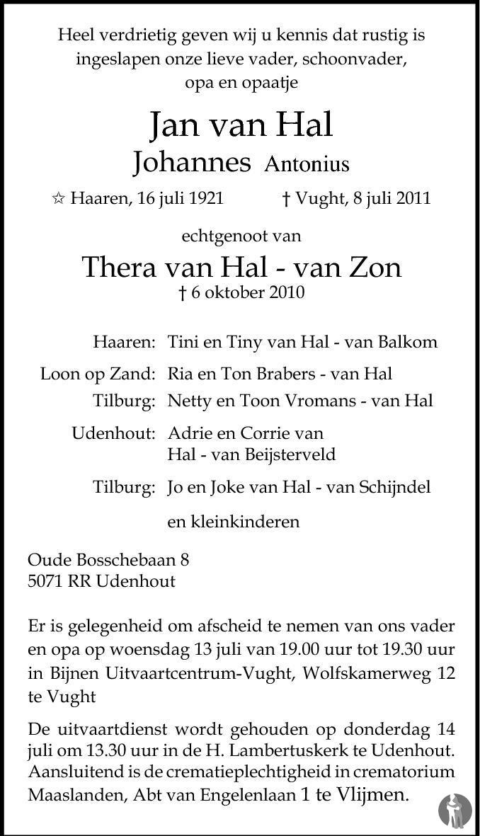 Johannes Antonius (Jan) van Hal 08-07-2011 overlijdensbericht en ...