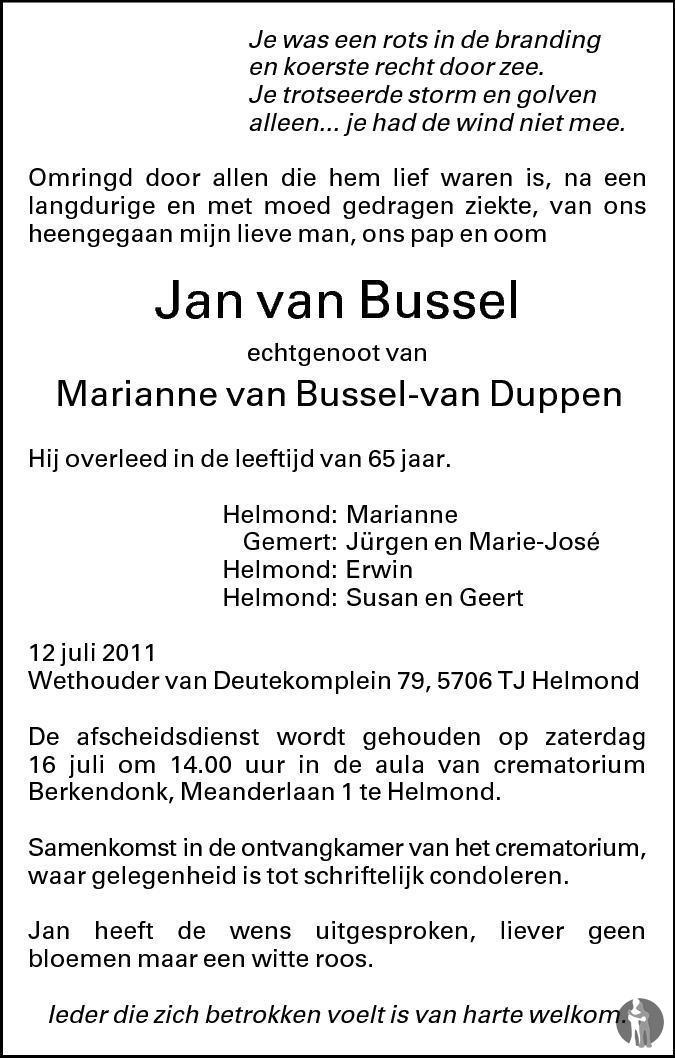 Jan van Bussel 12-07-2011 overlijdensbericht en condoleances ...