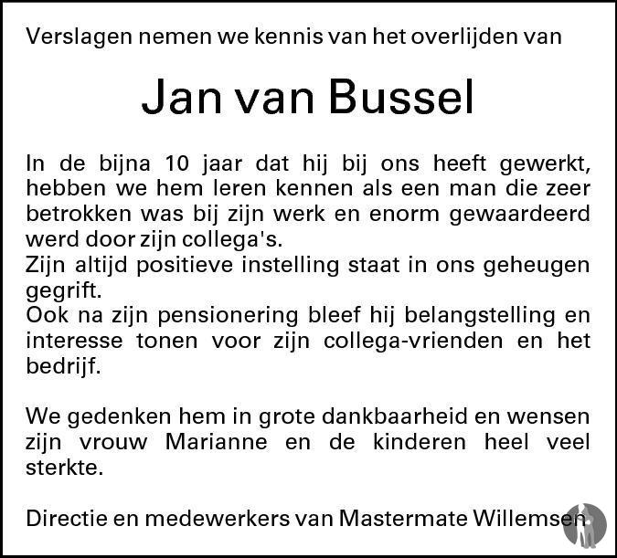 Jan van Bussel 12-07-2011 overlijdensbericht en condoleances ...