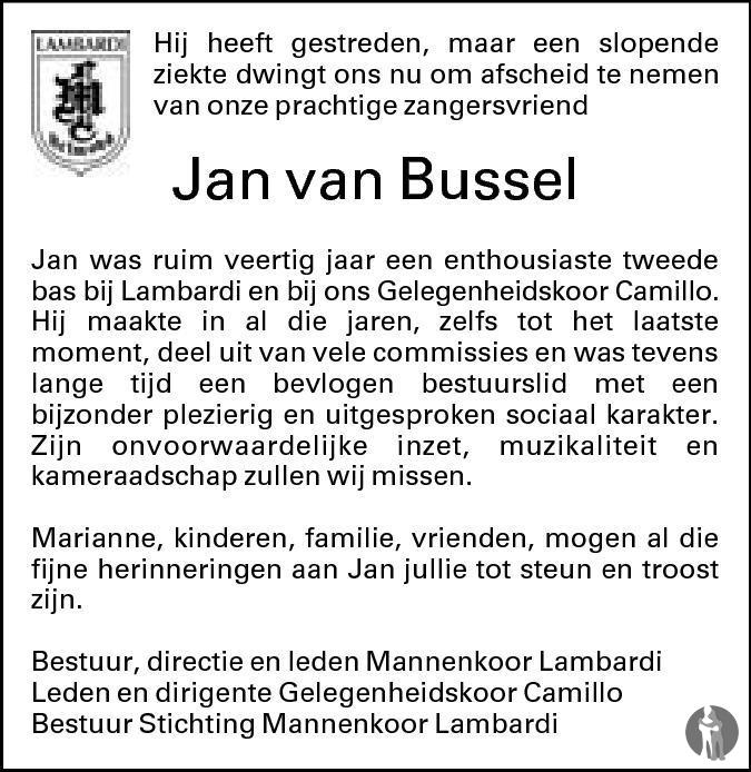 Jan van Bussel 12-07-2011 overlijdensbericht en condoleances ...