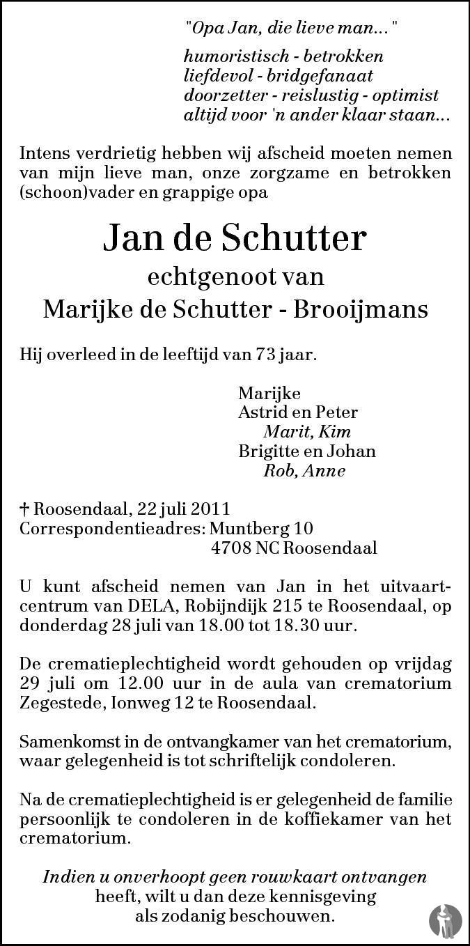 Jan de Schutter 22-07-2011 overlijdensbericht en condoleances ...