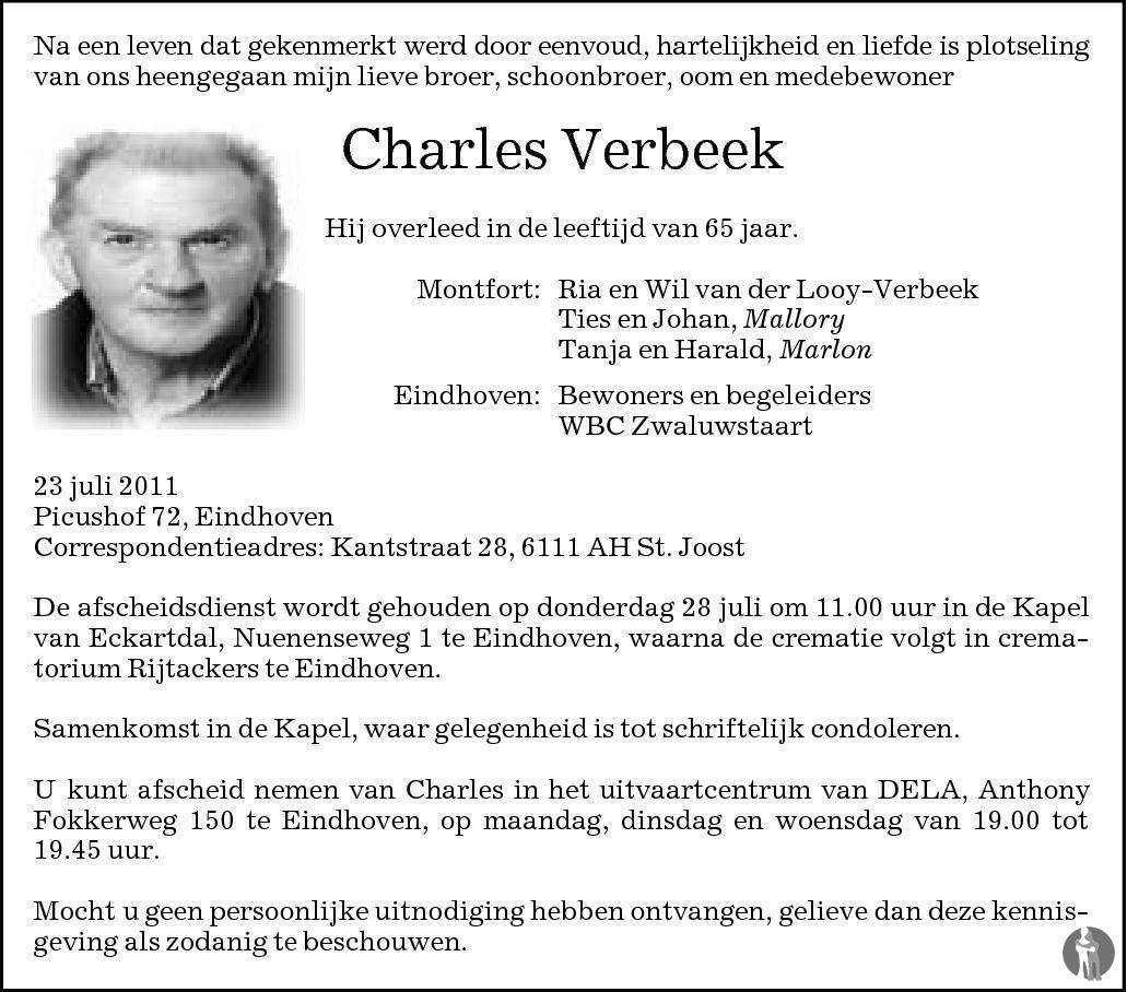 Charles Verbeek 23-07-2011 overlijdensbericht en condoleances ...